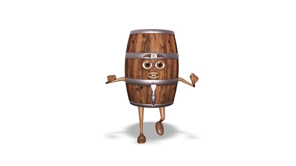 Cartoon Wooden Barrel Dancing Loop On White Background, Motion Graphics