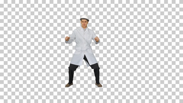 Engineer man dancing hip-hop in funny way, Alpha Channel, Stock Footage