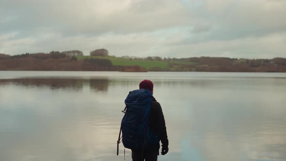 Tourist with Huge Backpack Stands By the Lake in Himmelbjerget Area ...