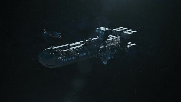 Futuristic concept of small spaceships approaching huge space shuttle ...