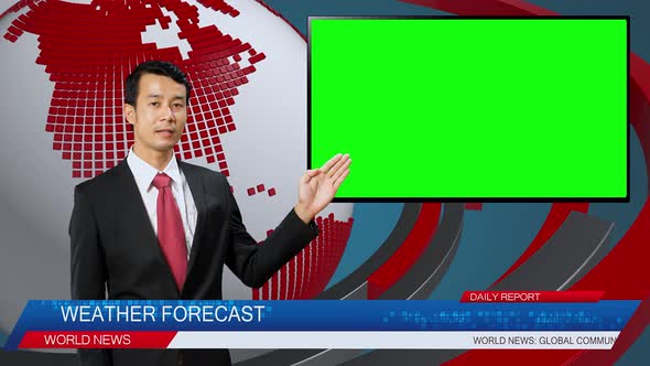 Male Anchor Reporting On The Weather Forecast, Video Story Show Green ...