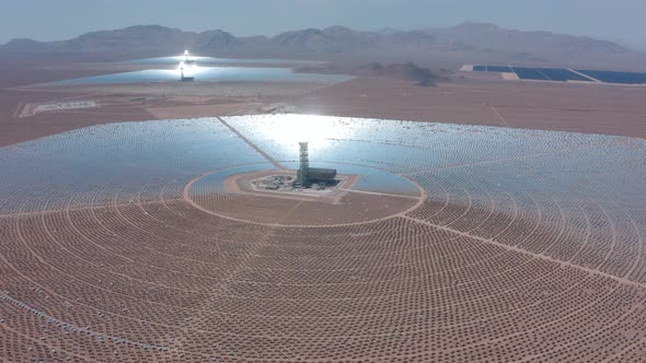 Aerial view of solar thermal plant. Large circular power plant of solar ...