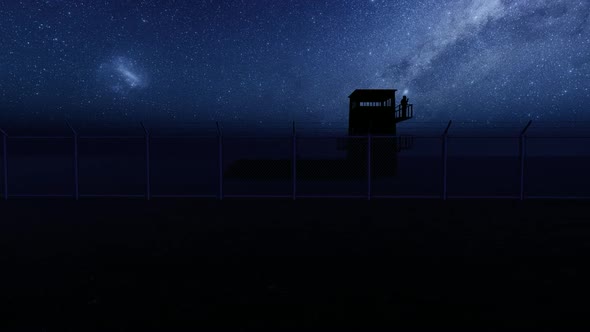 Soldier Watching the Military Watchtower at Night, Motion Graphics