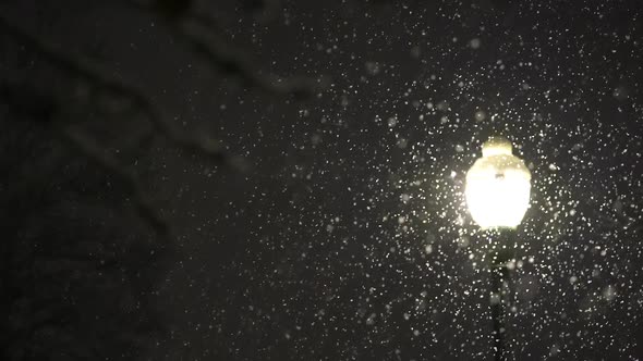 Snow falling lit up by street light at night during storm, Stock Footage