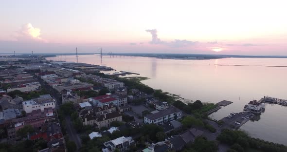 Charleston SC rooftops and harbor at sunrise, Stock Footage | VideoHive