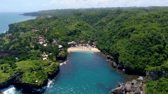 Tranquil hidden tropical cove, Gesing Beach Indonesia, aerial panorama ...