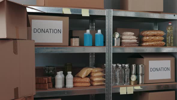 Food Bank Shelves with Various Necessities for Donation, Stock Footage