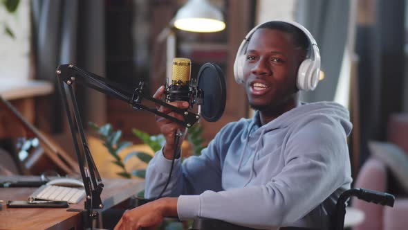 Portrait of Positive Black Man Recording Podcast in Home Studio, Stock ...