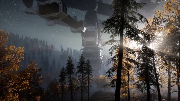 UFO Hovering Over a Forest at Night with Light Beam, Motion Graphics