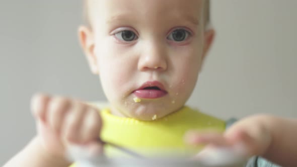 Closeup Baby Face Opening Mouth Holding Spoon Full Touching Food with ...