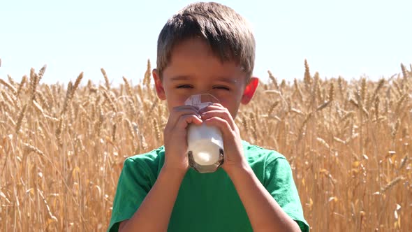 A Happy Boy Quenches His Hunger, Drinks Milk in Nature, Against the ...