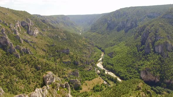 Aerial travel drone view of Gorges du Tarn and the Tarn River, Southern ...