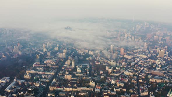 Aerial View Above To Very Dense Morning Fog Over City. Smog or Fog in ...