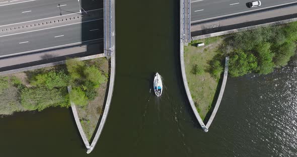 Aquaduct Veluwemeer water bridge with boat crossing above highway ...