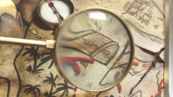 Treasure map with treasure spot marked by x sign seen through a ...