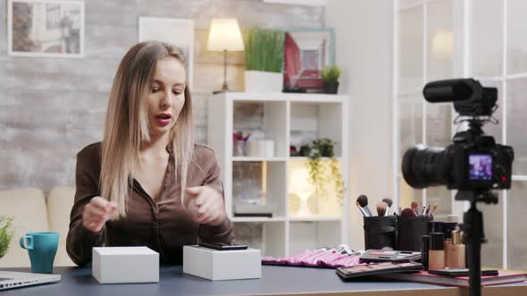 Famous Beauty Influencer Recording Unboxing for Her Vlog, Stock Footage