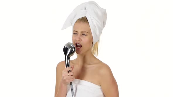 Young Woman Singing Under Shower. Close Up, Slow Motion, Stock Footage
