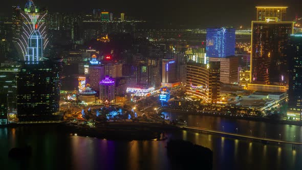 Macau Peninsula Aerial Cityscape Night Timelapse Pan Up, Stock Footage