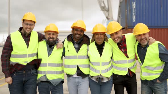 Multiracial Worker People Having Fun Inside Container Cargo Terminal at ...