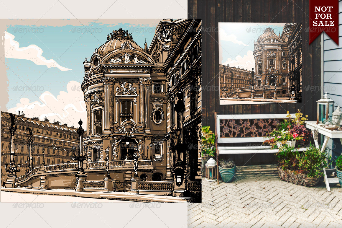 Vintage Hand Drawn View of Opera in Paris, Vectors | GraphicRiver