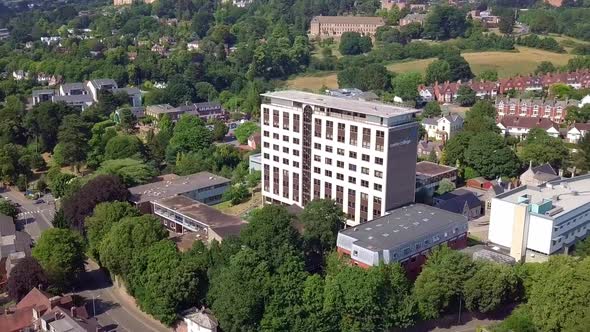 Exeter College Hele Tower in Devon, England on summer day, Aerial Pull ...