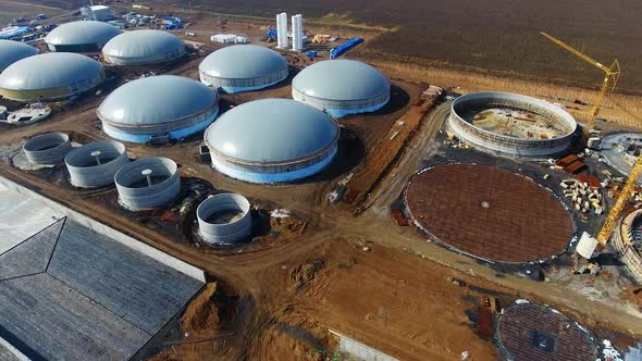 Bio gas factory out of town buildings. Many fans ventilate room ...