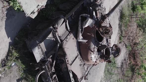 Vertical Video of Ukraine in the War Burnt Out Tank, Stock Footage