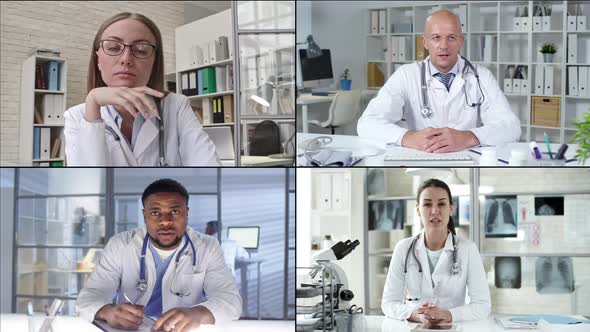 Split Screen of Doctors in White Coats Talking on Video Call, Stock Footage