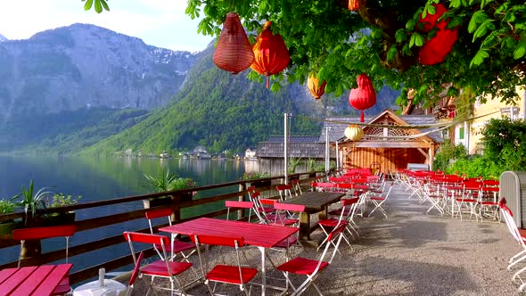 Entrance to a Chinese restaurant in Hallstatt in Alps at sunrise, Stock ...