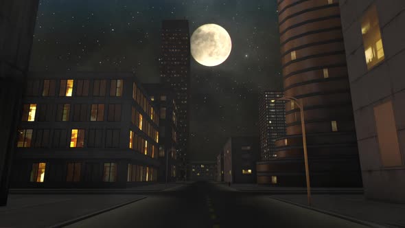 Empty city district at night and full moon, Motion Graphics | VideoHive