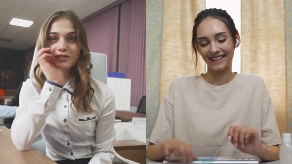 Multiscreen View Young Womans Talk on Video Call Split Screen Portraits ...