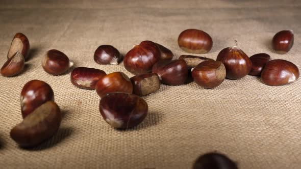 Chestnuts falling on jute canvas background., Stock Footage | VideoHive