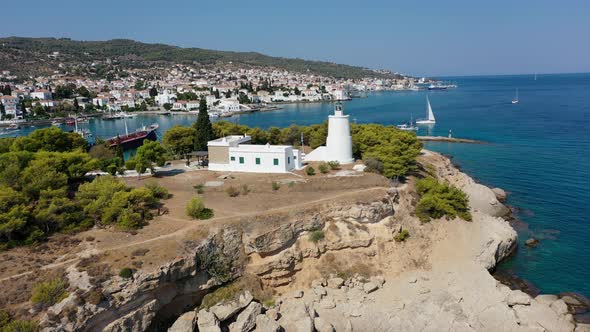 Aerial View of Lighthouse at Spetses Old Town Greece Drone Videography ...