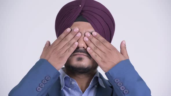 Face of Bearded Indian Sikh Businessman Covering Eyes As Three Wise ...