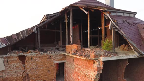 Aerial view of an old ruined building after earthquake. A collapsed ...