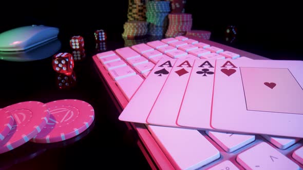 Computer Keyboard and Quads Aces on Black Background, Stock Footage