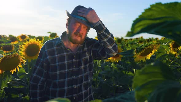 Overworked Elderly Farmer in Plaid Shirt Touching Forehead and Looking Away, Stock Footage