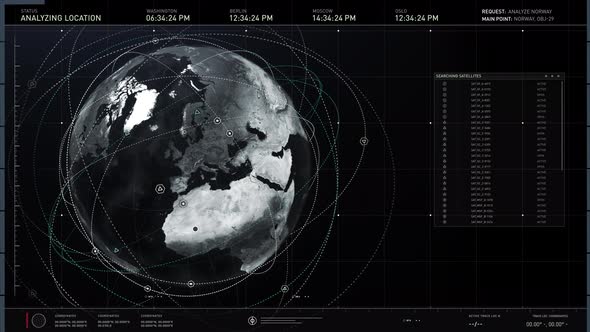 3D Earth With Satellites Moving On Paths Around Planet In Scanning ...