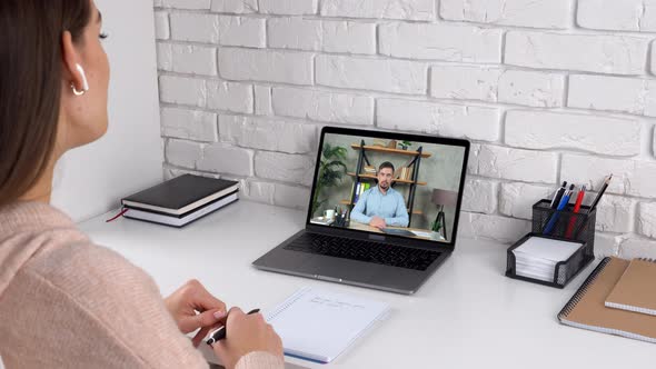 Woman Manager at Home Office Tells Report Corporation Online Video Call ...