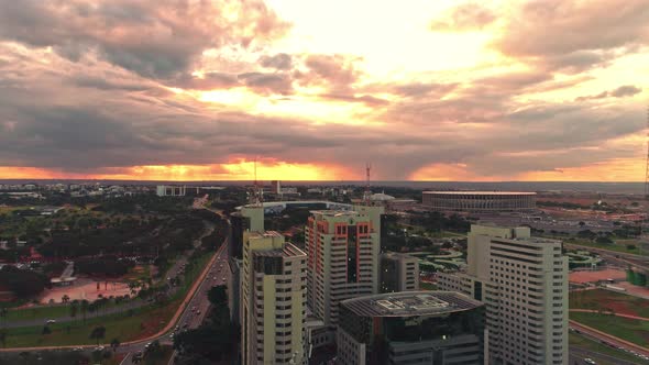 Heavenly cinematic golden sunset aerial of Brasilia as the camera ...
