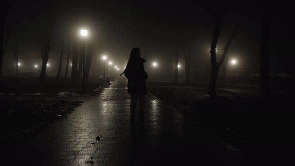 Woman Walking Home at Night Through City Park at Night, Stock Footage