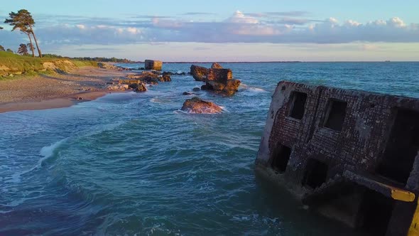 Aerial view of abandoned seaside fortification buildings at Karosta ...