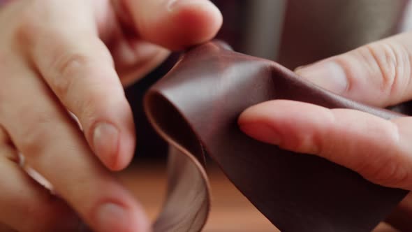 Craftsman Touching Leather Closeup Production of Handmade Accessories ...