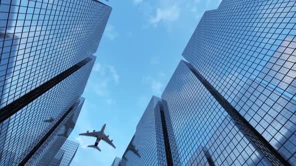 A plane flying over tall buildings, Motion Graphics | VideoHive