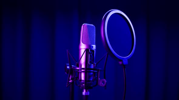 Microphone Closeup Mic with Blue Neon Light, Stock Footage | VideoHive