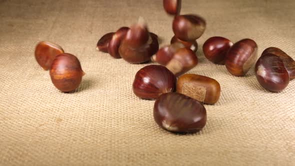 Chestnuts falling on jute background., Stock Footage | VideoHive