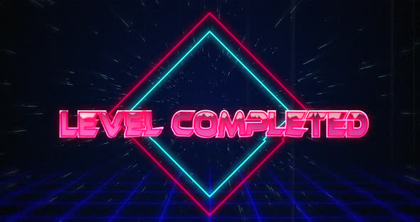 Retro Level Completed text glitching over blue and red squares on white ...