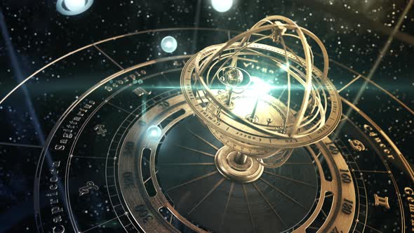 Armillary Sphere And Zodiac Astrology Signs On Background Of Starry Sky ...