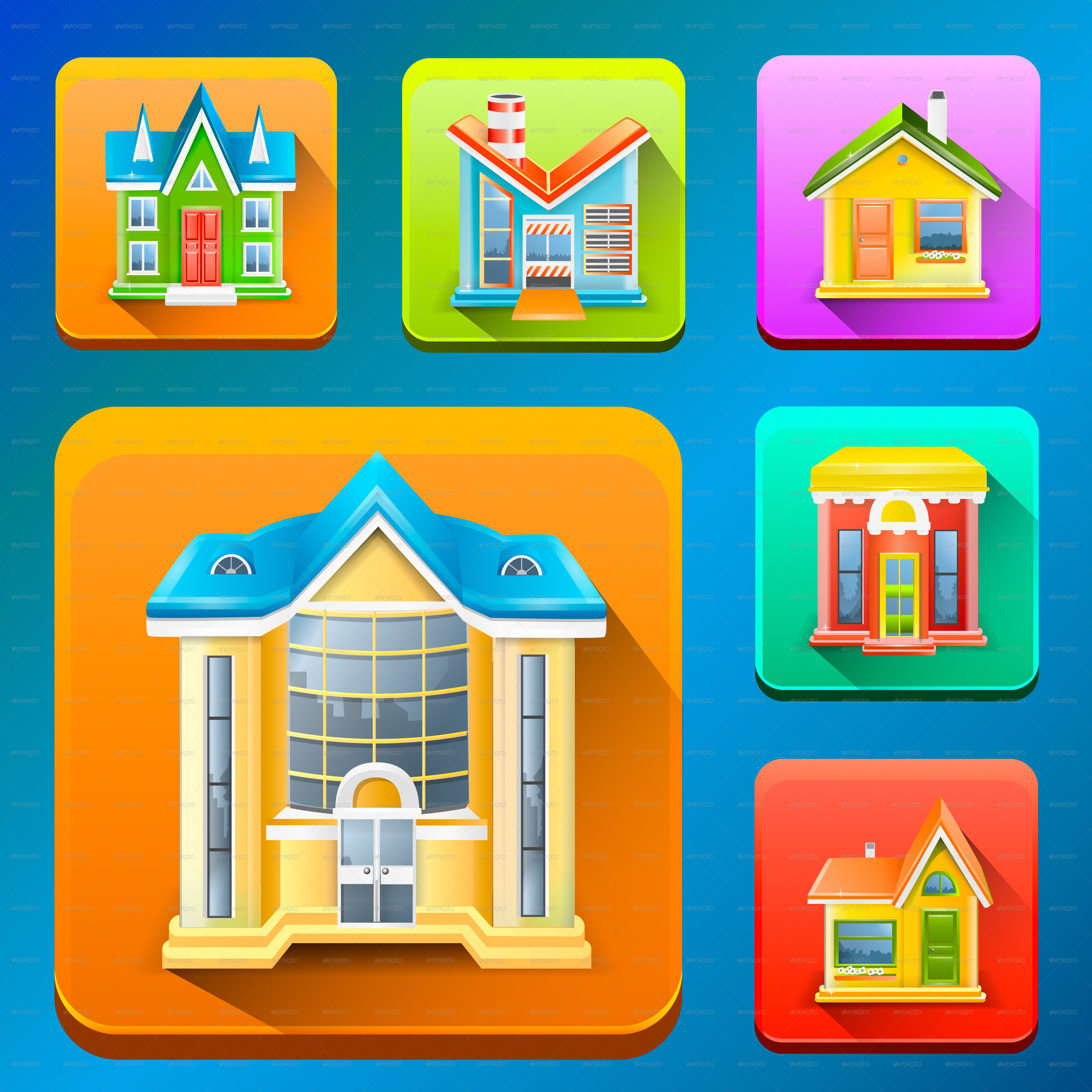 Colorful Building Icons, Icons | GraphicRiver