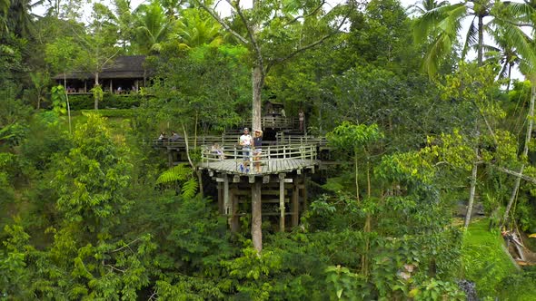 Aerial View Young Couple on the Observation Deck in the Form of a Boat ...